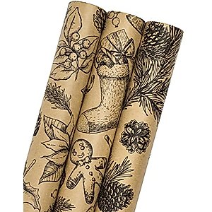 MAYPLUSS Kraft Christmas Wrapping Paper Roll - Mini Roll - 17 inch X 120 inch Per roll - 3 Different Rustic Design (42.3 sq.ft.ttl)