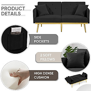 Antetek Convertible Futon Sofa Bed, 59-inch Modern Velvet Sleeper Sofa Small Loveseat with Two Pillows, 3 Adjustable Positions and 6 Golden Metal Legs Furniture for Living Room and Bedroom, Black