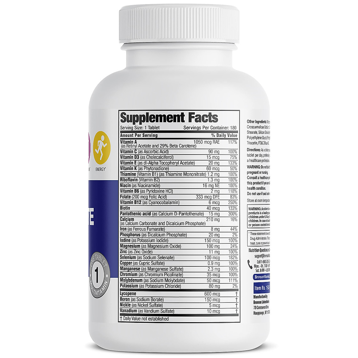 Bronson ONE Daily Men’s Complete Multivitamin Multimineral Once-Daily Multi for Active Men, 180 Tablets