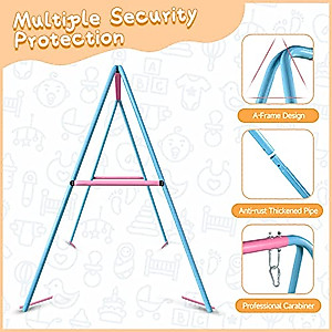 Kiriner Swing Set Outdoor Swings for Kids Toddlers with Waterproof Metal A-Frame, 4 Anchors, Two Swing Seats Swing Sets for Backyard Playground Pink&Blue