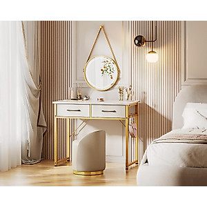 ODK Vanity Desk Without Mirror, Makeup Vanity with 2 Fabirc Drawers, White Vanity Dressing Vanity Table with Versatile Hook, 32 Inch Small Vanity for Bedroom, Desk Make Up for Girls, White and Gold