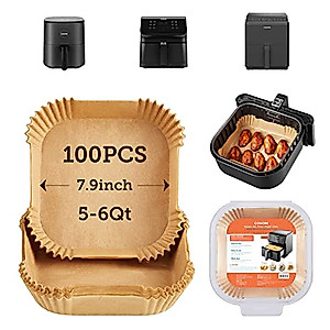 COSORI Air Fryer Liners, 100 PCS Square Disposable Paper Liners, Non-Stick Silicone Oil Coating, Little to No Cleaning, 7.9" Unbleached Food Grade, Resistant to 465°F, Thickened Not Easy to Break