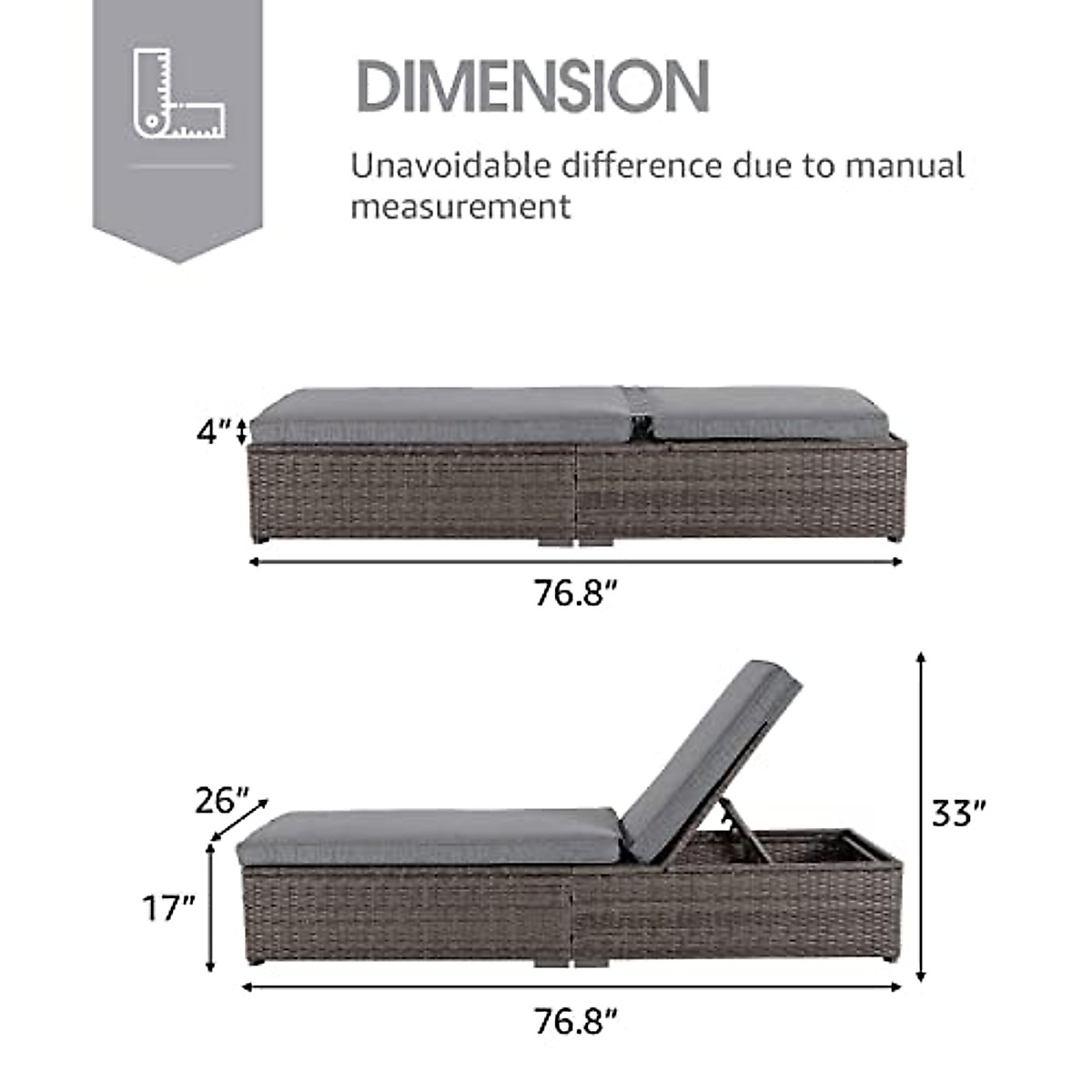 JOIVI Outdoor Chaise Lounge Chair, Patio Pool Lounge Chairs for Outside, Rattan Reclining Chaise Lounger with Adjustable Backrest and Removable Cushion, Gray PE Wicker (Set of 2)