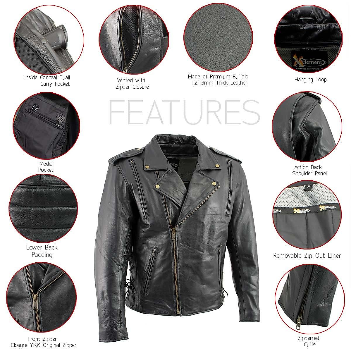 Xelement B7210 Men's 'Cool Rider' Black Vented Leather Motorcycle Jacket - 2X-Large