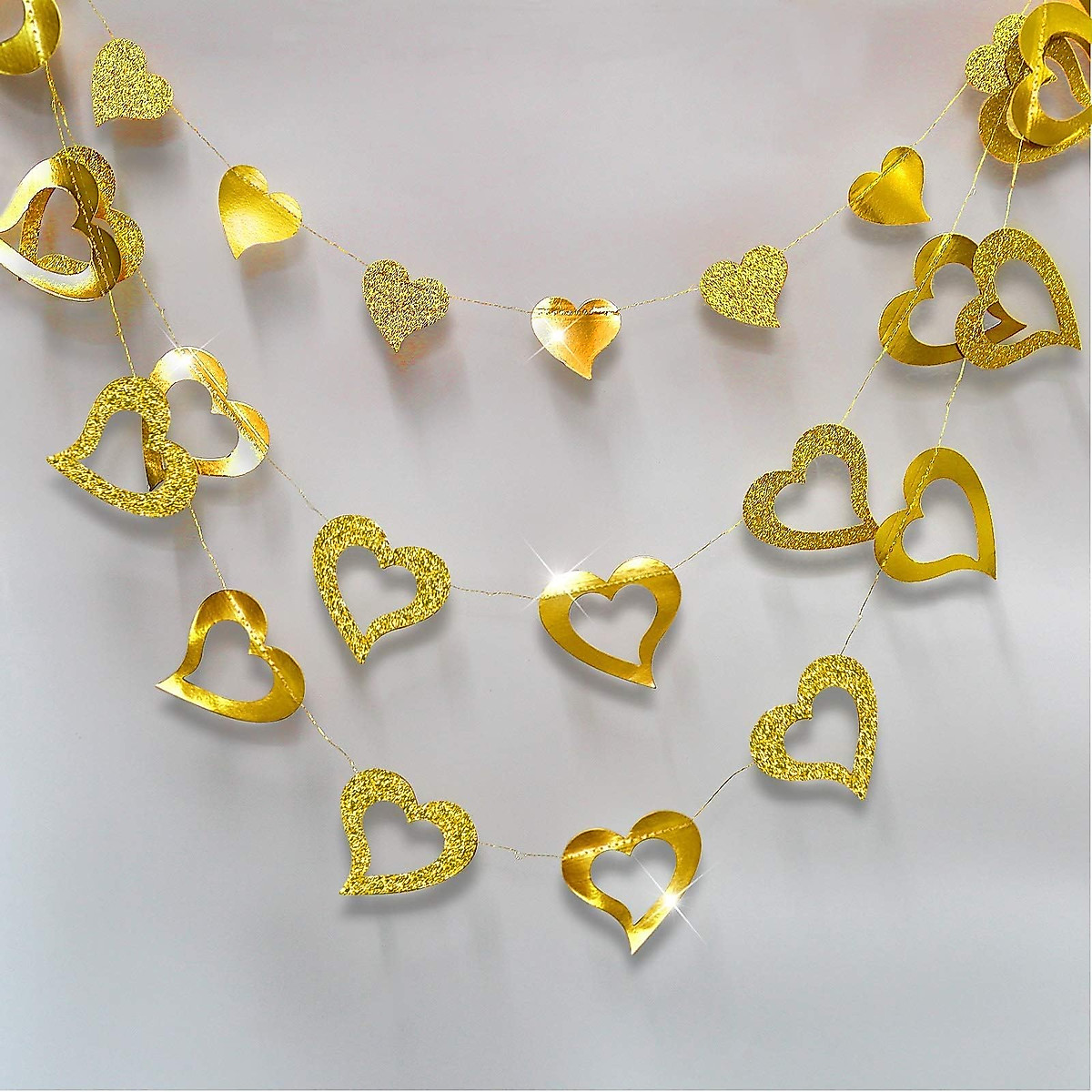 Cheerland 56.4 Ft Glitter Gold Heart Garland Shiny Valentines Day Decoration Mothers Day Banner Backdrop Hanging Decor Engagement Bachelorette Wedding Bridal Shower Streamer Anniversary Party Supplies