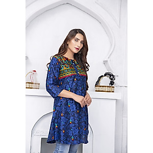 IshDeena Pakistani Kurtis for women Indian Style Cotton Tunics Womens Tops Printed Lawn (Small, Midnight Blue)