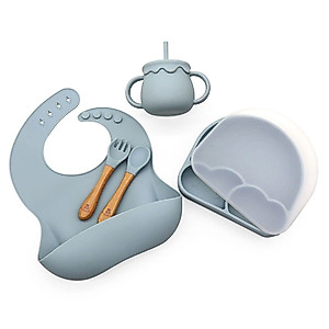 Luxekids Silicone Baby Feeding Set - 6 Pieces Toddler Utensils Set with Baby Plates and Bowls with Suction, Baby Spoons, Forks, Sippy Cup (Dark Blue)