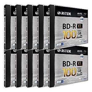 10 Pack Ritek BD-R XL BDXL 100GB Triple Layers 4X White Inkjet Hub Printable Blank Disc w/Standard Jewel Case, BDR1004-RTKIWN1JC
