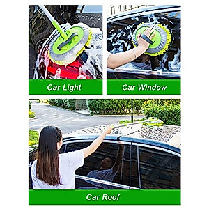 2 in 1 Chenille Microfiber Car Wash Mop Mitt with 46" Aluminum Alloy Long Handle,Car Cleaning Kit Brush Duster,Scratch Free Cleaning Tool Dust Collector Supplies, 2Pcs Mop Head(Green)