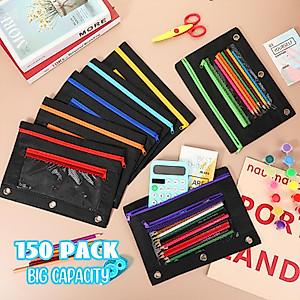 Zhehao 150 Pieces Zipper Binder Pencil Pouches 3 Ring Binder Zipper Pouches Case with Window Ring Pencil Bags Case or Office School Students Supplies(2 Zipper,Black)