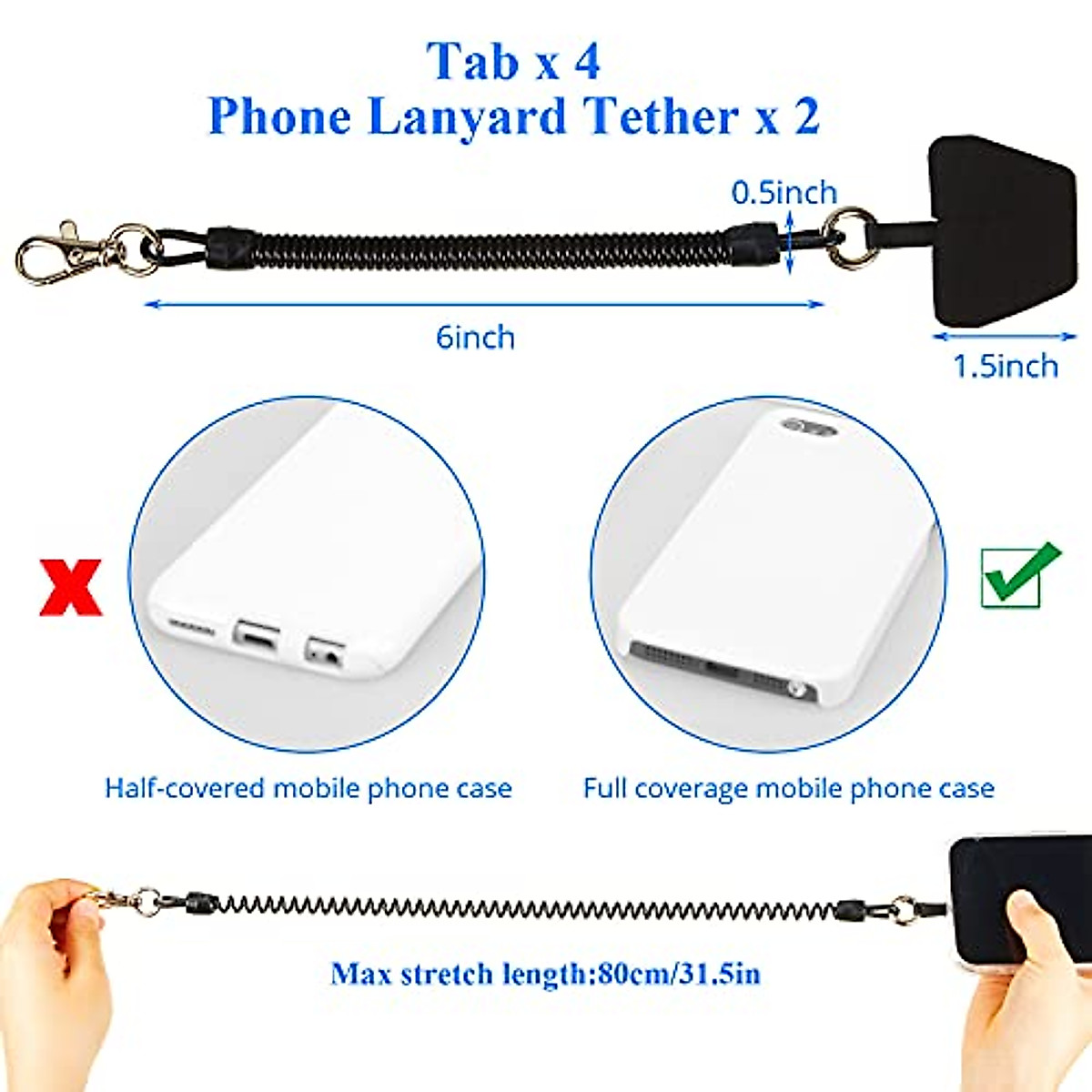 2 Pieces Phone Lanyard Tether with Patch Set, Universal Stretchy Lasso Straps Cell Phone Safety Tether Phone Strap and Durable Adhesive Pad Phone Patch Compatible with Most Smartphones (Black)