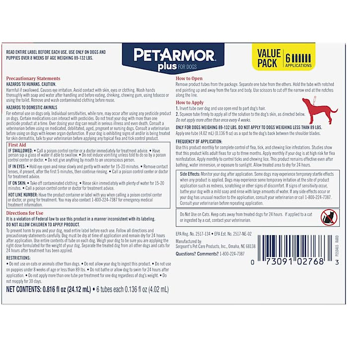PetArmor Plus F&T Squeeze-On Dog 89-132 lbs., Count of 6, .11 LB