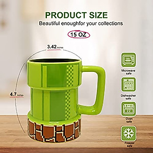 Drtupe Super Mario Warp Pipe Mug Ceramic Coffee Mug Gift for Gamers, Fathers, Coffee Enthusiasts, for Cappuccino, Latte or Hot Tea, 15 Oz, Green