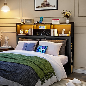 PAKASEPT Queen/Full Headboard Only for Bedroom, Stylish Bookcase Headboard with Charging Station & LED Lights, Headboards with Storage, 4-Tier Bookcase Headboard and Side Storage, Black