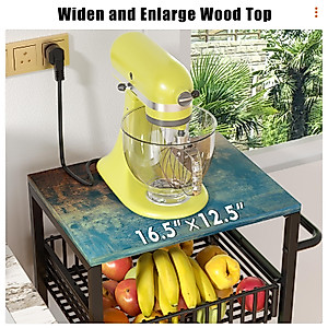 4Tier Roling Cart, Utility Cart, Storage Cart, Kitchen Carts on Wheels with Wood Top, Pull-Out Wire Basket for Fruit, Black