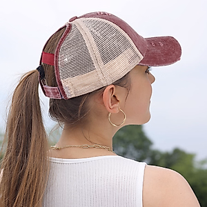 HH HOFNEN Ponytail Hats Womens Washed Distressed Baseball Cap High Ponycaps Cotton Dad Hat with Ponytail Hole