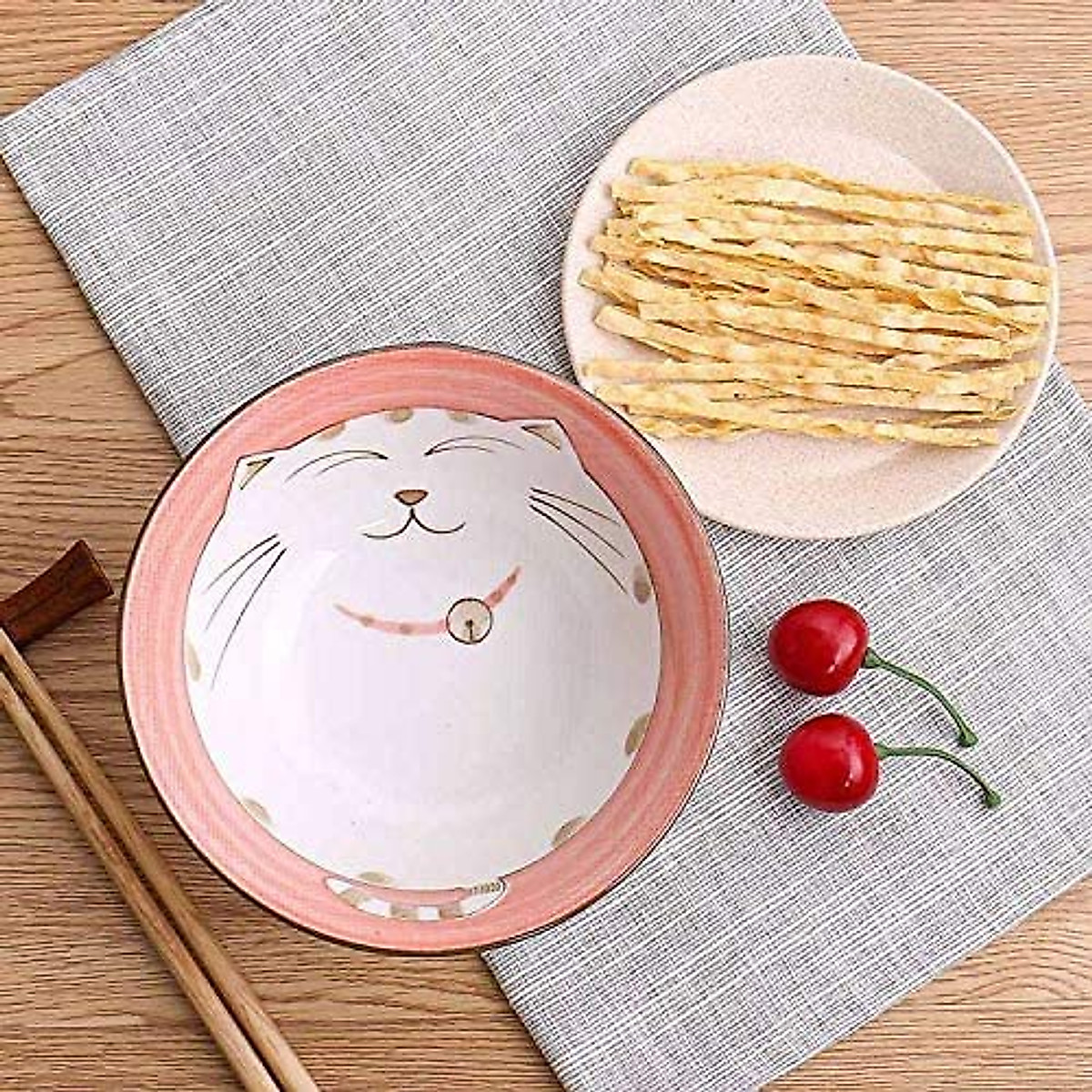 JapanBargain 2482, Japanese Porcelain Soup Bowl for Dinner Lunch Rice Poke Donburi Udon Ramen Noodle Pasta Cereal Maneki Neko Smiling Lucky Cat Pattern for Cat Lovers Made in Japan, 6-inch, Pink