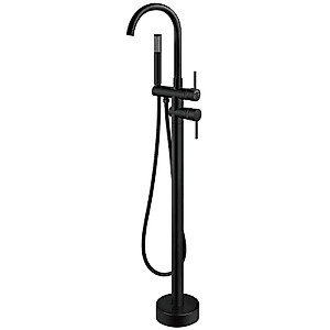 Aolemi Floor Mount Bathtub Faucet Freestanding Tub Filler Standing High Flow Shower Faucets Shower Mixer Taps Swivel Gooseneck Spout with Cylinder Handheld Matte Black