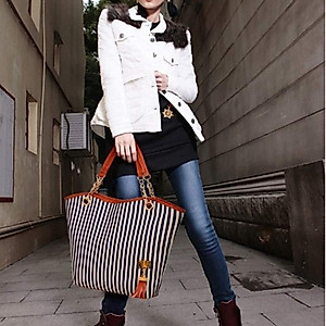 Rullar Women Tassel Canvas Handbag Purse Stripes Tote Fashion Shoulder Bag Large Capacity Satchel(Blue Stripe)