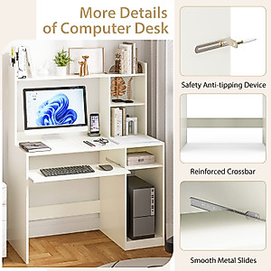 GLOBALWAY Home Office Desk w/Hutch, Gaming Table Workstation w/Keyboard Tray, CPU Stand, & Bookshelf, Modern & Space-Saving Writing Desk for Dorm, Bedroom, White