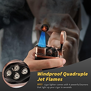 XIFEI Cigar Lighter 4 Jet Flame Torch Lighter with Cigar Holder, Windproof Rocker Arm Lighter Adjustable Flame, Refillable Butane Lighter Smoking Lighters Gift for Men (Bronze)