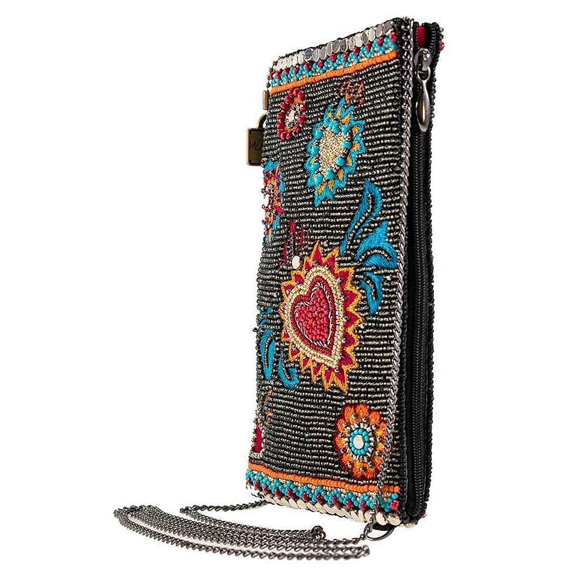 Mary Frances Flaming Hearts Beaded Crossbody Phone Bag, Pewter