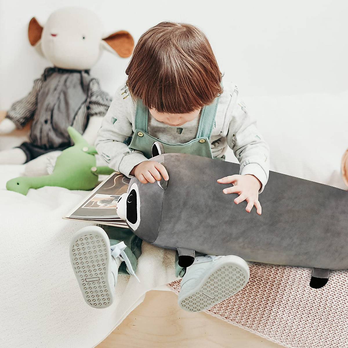 JIEBEI Cute Raccoon Plush Pillow, Raccoon Stuffed Animals, Soft Kawaii Plushies Cuddle Pillow, Cute Plushies Birthday Gifts for Kids (Raccoon,19 inch)