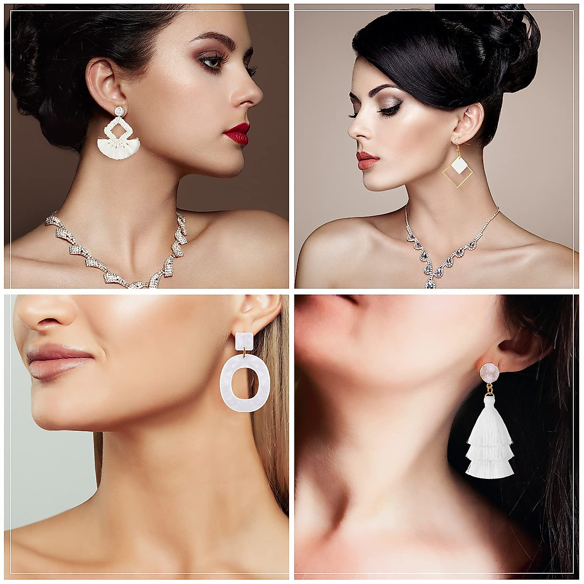 4 Pairs White Earrings for Women Layered Tassel Dangle Earrings Bohemian Geometric Earrings Mottled Hoop Bead Earrings (Elegant)