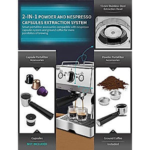 Espresso Machines 15 Bar with Adjustable Milk Frother Wand Expresso Coffee Machine for Cappuccino, Latte, Mocha, Machiato, 1.5L Removable Water Tank, Double Temperature Control System, 1100W, Black
