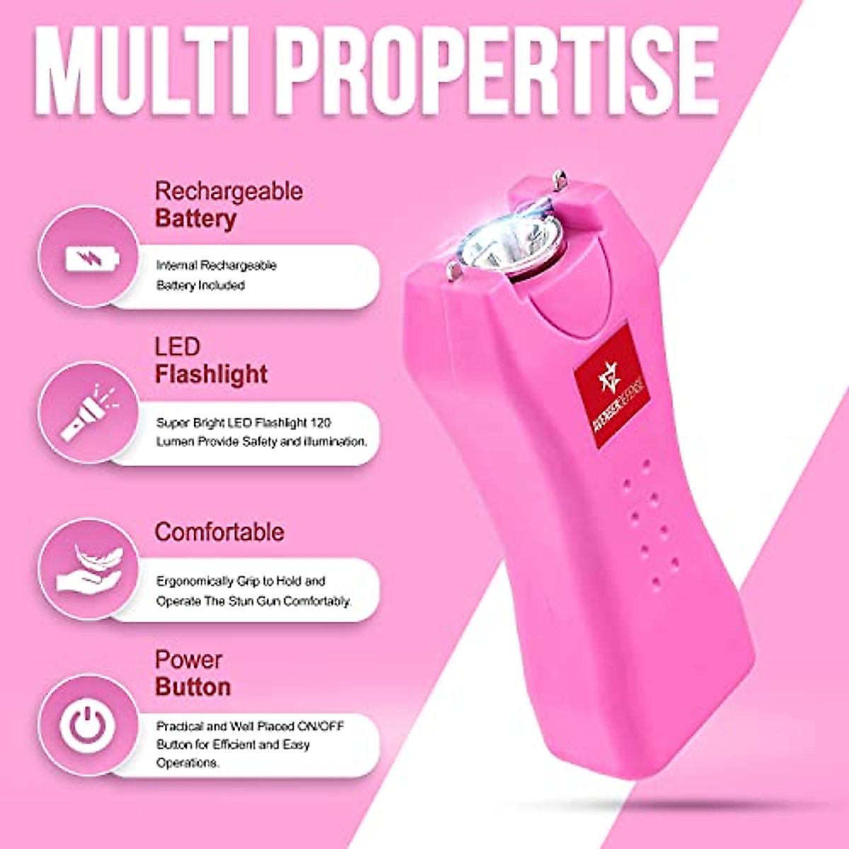 Avenger Defense Portable Stun Gun Mini for Women - Rechargeable Self Defense Flashlight Device (Orchid Pink, Plastic)