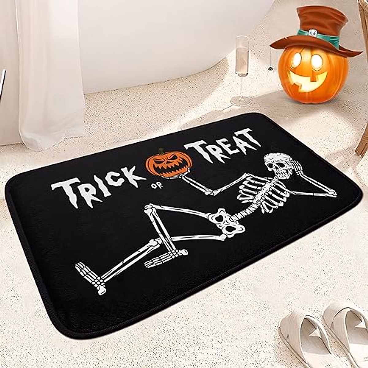 Carrward Halloween Trick or Treat Skull Bath Mat Non-Slip Rugs Flannel Bathroom Mats Water Absorbent Bathtub Rug Quick Dry Soft Shower Rug for Floor Kitchen Bedroom Decor 20x31 inch