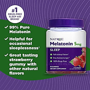 Natrol Melatonin Sleep Aid Gummy, Fall Asleep Faster, Stay Asleep Longer, 100% Drug and Gelatin Free, Non-GMO, 5mg, 90 Strawberry Flavored Gummies