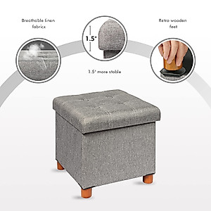 B FSOBEIIALEO Storage Ottoman with Tray, Foot Stools and Ottomans with Legs, Storage Cube Seat Linen Grey 15"