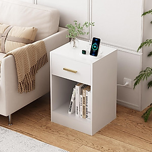 LAPTAIN Nightstand with Charging Station, End Side Table with Storage Drawer and Open Cabinet, Bedside Table for Bedroom, White