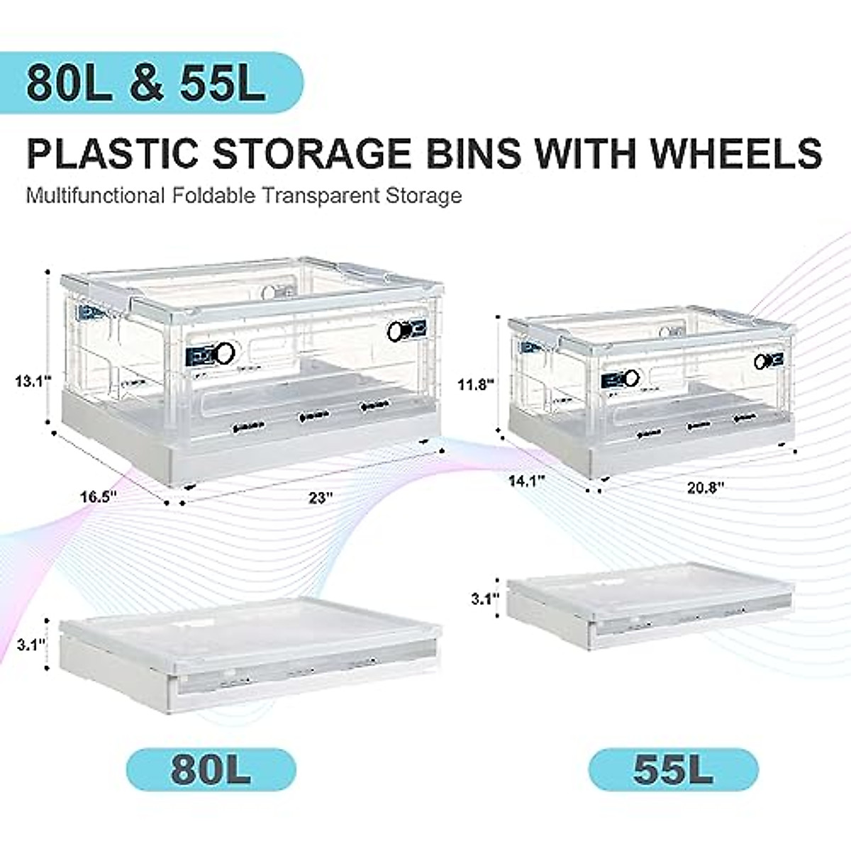 4utoHydra 4 PCS Collapsible Storage Bins, 80L Plastic Storage Bin Organizing Container with Lid and 4 Wheels, Clear Folding Plastic Container, Storage Organizer Five Doors with Secure Latching Buckles ( Extra Large , White)