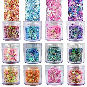 LoveOurHome 12 Colors Aurora Nail Glitter Flakes Iridescent Stars Heart Butterfly Flower Shaped Sequins Confetti Resin Accessories Sticker Acrylic Powder Decor for Nails, Crafts, Resin, Makeup