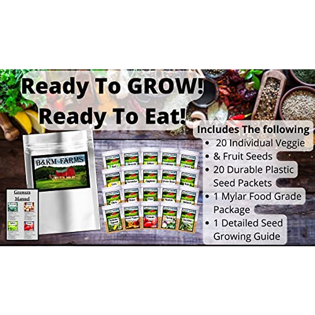 20 Vegetable & Fruit Seeds for Planting Your Outdoor & Indoor Home Seed Garden, Survival Gear Kit Includes 3200 Seeds, A Growing Guide & Mylar Package Gardening Heirloom Non-GMO Veggie Seed B&KM Farm