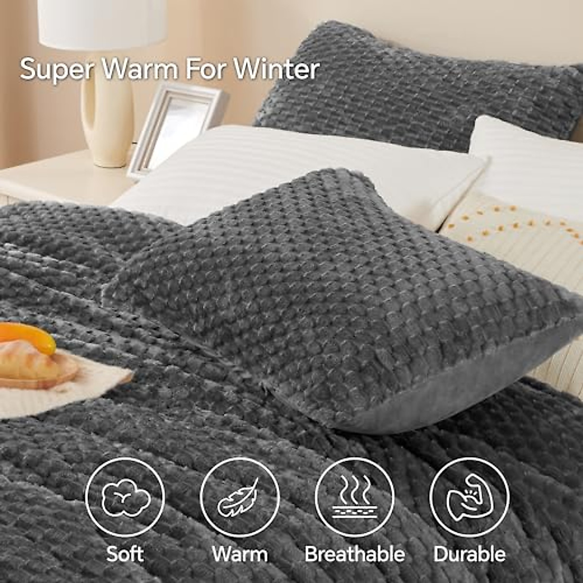 ChiXpace Textured King Duvet Cover Set, Soft Velvet Grey Plaid Pattern Comforter Cover, Luxury Flannel Bedding Sets, 3 Pcs, 1 Duvet Cover & 2 Pillowcases