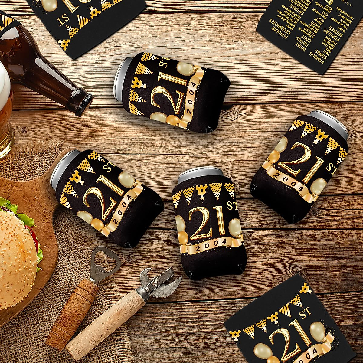 21st Birthday Can Cooler Sleeves Pack of 12- 21st Anniversary Decorations- 2002 Sign - 21st Birthday Party Supplies - Black and Gold the Twenty-First Birthday Cup Coolers