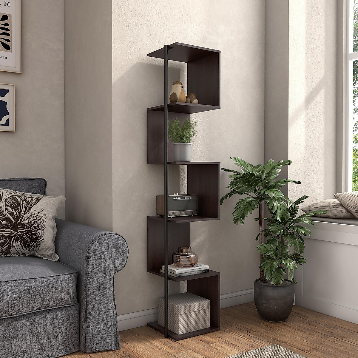 HOMES: Inside + Out Svenja Modern Style 60 in. Tall Corner Book Shelf Stand, 5 Tier Shelving Unit with Circular Metal Support, Living Room Bedroom Decor Aesthetic Wall Accessories, Espresso