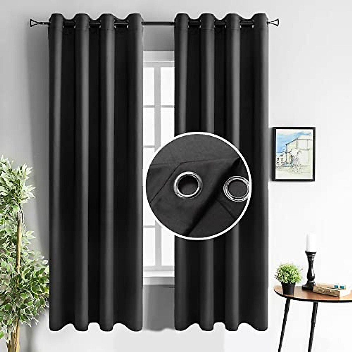 VEGA U Blackout Curtains Glossy Series - Privacy Protection Thermal Insulated Reduce Noise Grommet Curtains for Bedroom and Living Room, Set of 2 Panels, Black (52" W X 84" L, Pure Black)