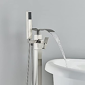 Senlesen Barthroom Tub Filler Faucet Floor Mounted Bathtub Shower Faucet Waterfall Spout Free Standing Tub Mixer Tap with Handheld Sprayer Brushed Nickel