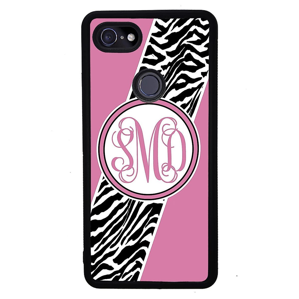 Zebra Animal Skin Pink Script Monogram Black Rubber Phone Case Compatible With Google Pixel 8 Pro, 8a, 8, 7a, 7, Pixel 7 Pro, 6a, Pixel 6 Pro, 6, 5, 4a 5G, 4a 4G, 4, 4 XL, 3a, 3a XL, 3, 3 XL, 2