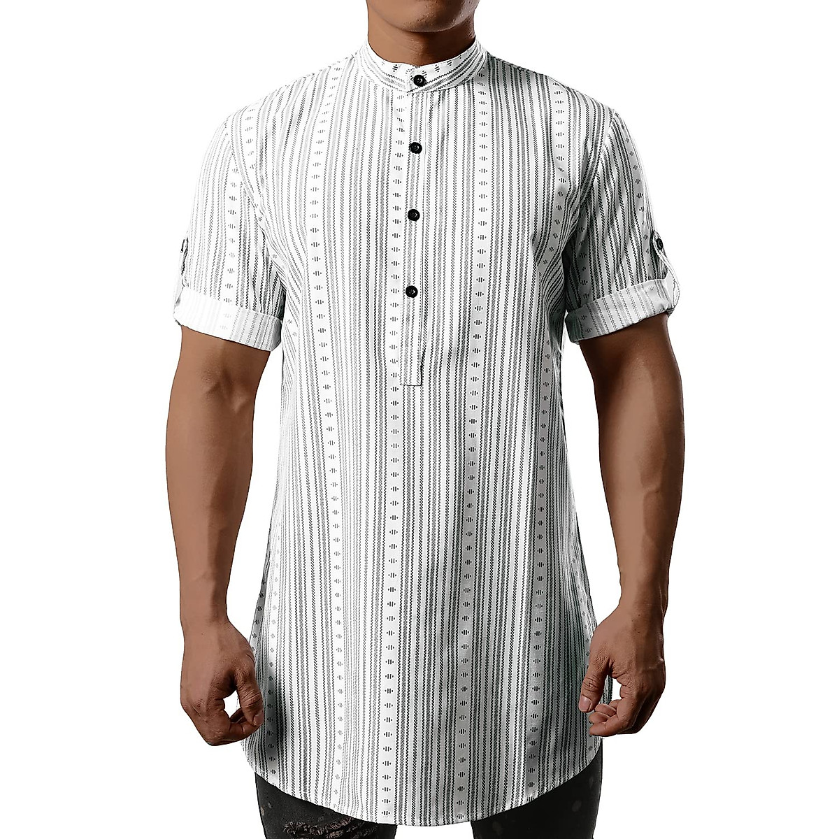 JOGAL Mens Striped Henley Shirt Short Sleeve Traditional African Style Dashiki Shirts White X-Large