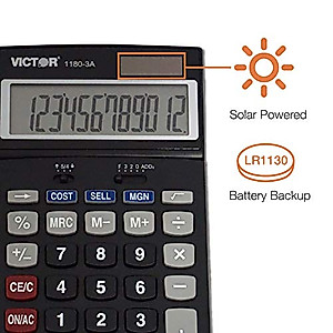 Victor 1180-3A 12-Digit Standard Function Calculator, Battery and Solar Hybrid Powered Adjustable Angle LCD Display, Great for Home and Office Desks, Black