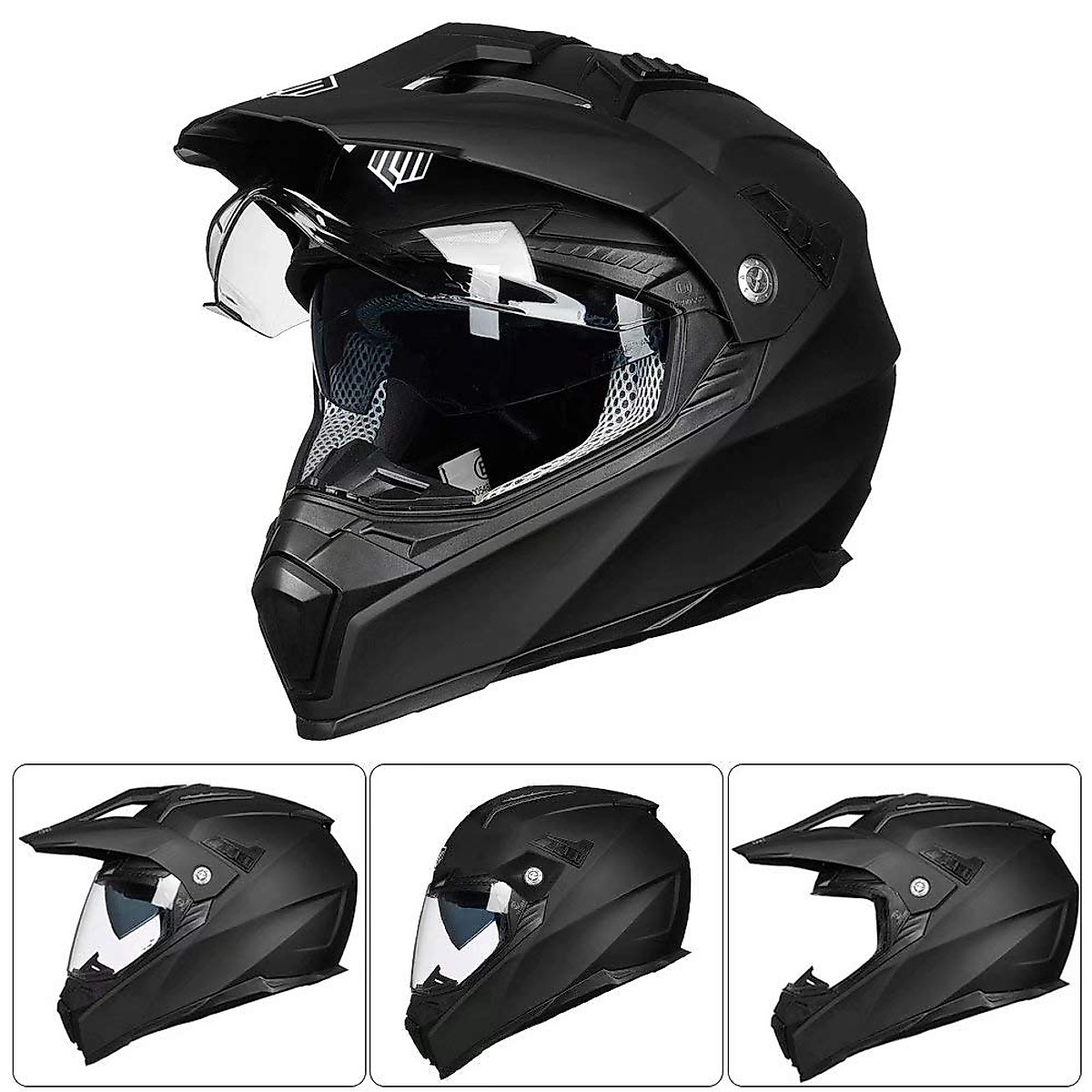 ILM Off Road Motorcycle Dual Sport Helmet Full Face Sun Visor Dirt Bike ATV Motocross Casco DOT Certified Model 606V(Matte Black, L)