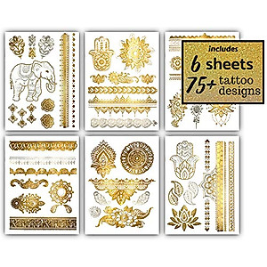 Terra Tattoos Gold Metallic Temporary Tats Geometric Henna Designs Waterproof Nontoxic Long Lasting Perfect for Beach, Festivals, & more! (Maya)