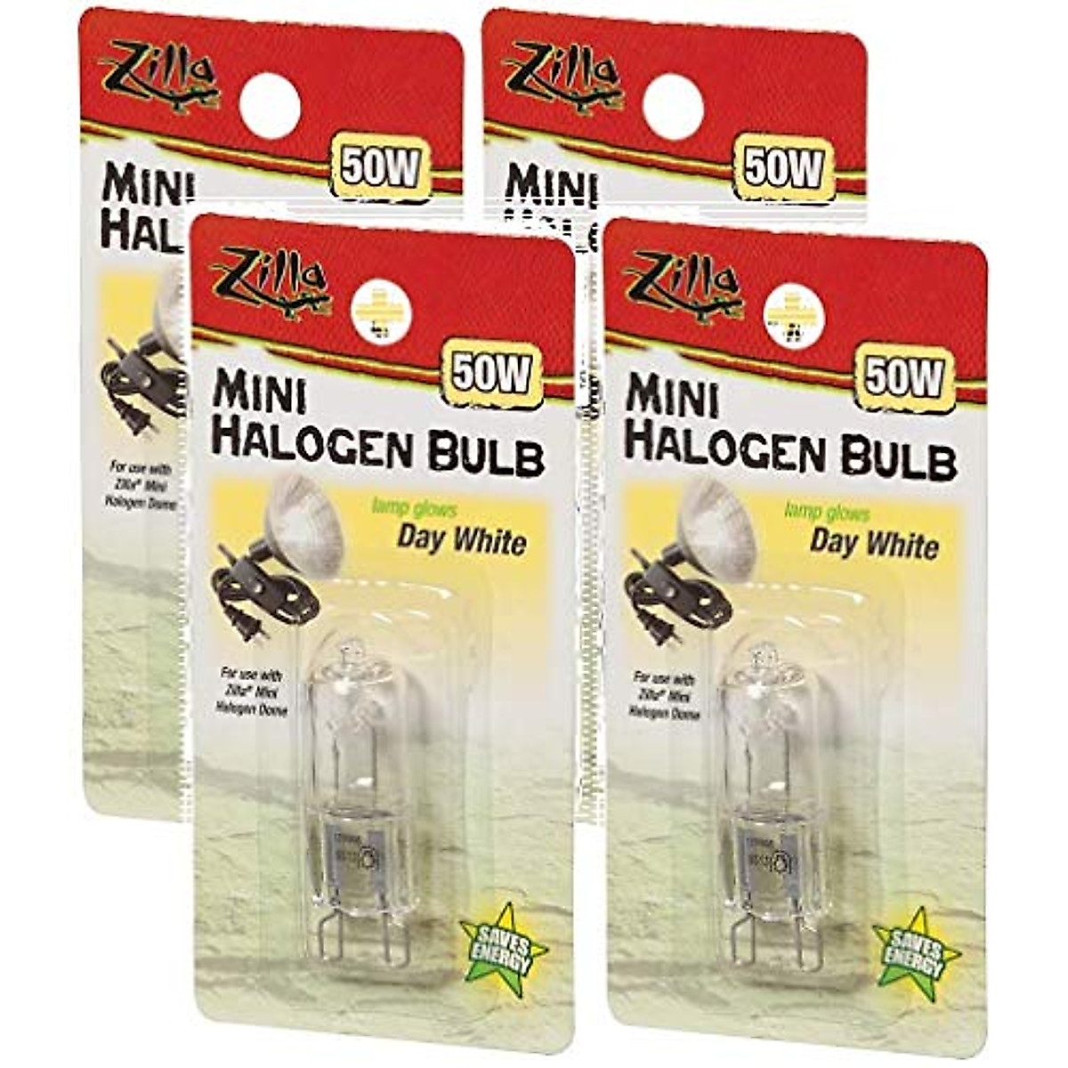 Zilla 4 Pack of Reptile Terrarium Heat Lamps Mini Halogen Bulb, Day White, 50 Watts
