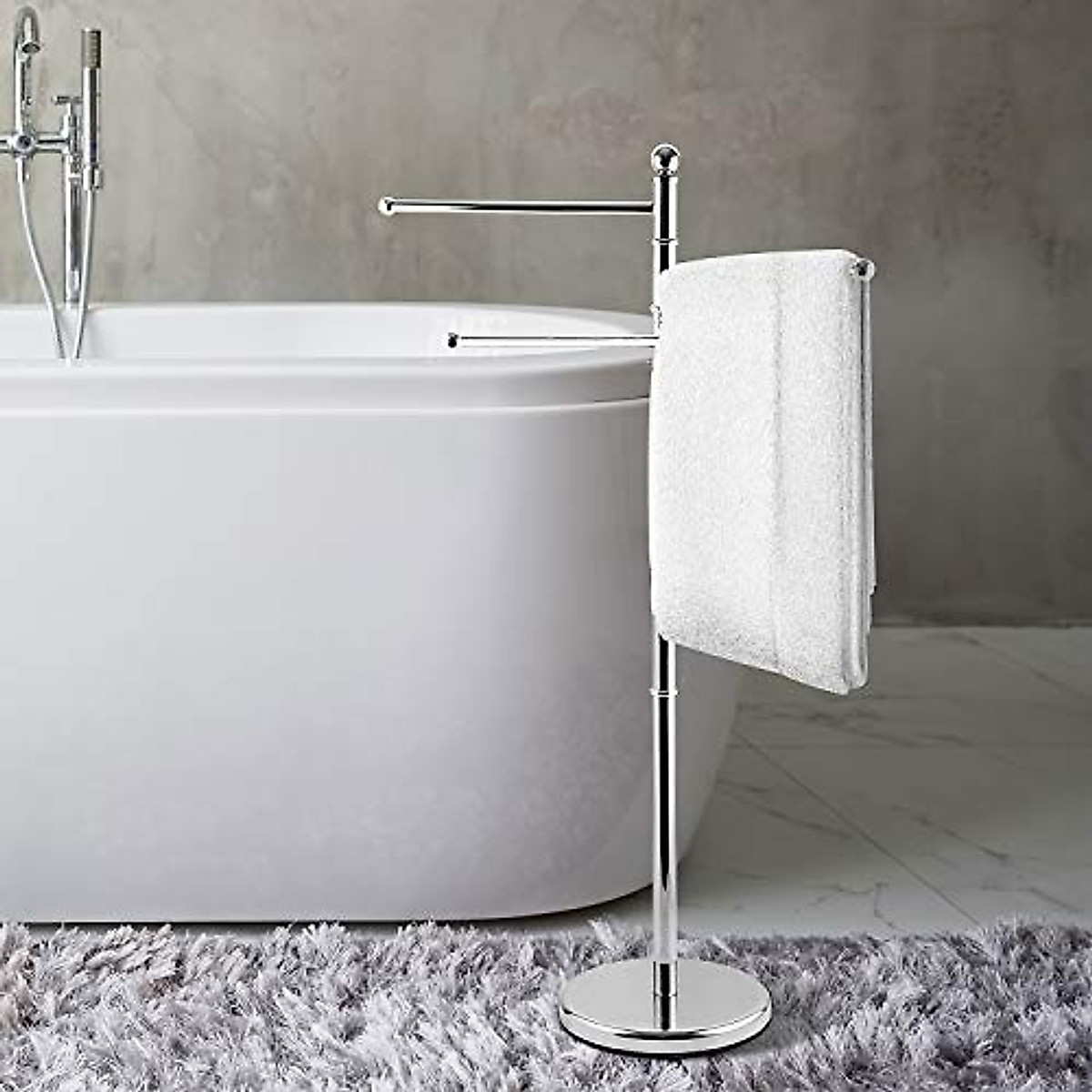 MyGift 40-Inch Silver Metal Freestanding Towel Rack for Bathroom with 3 Swivel Arms