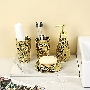 MyGift 4 Piece Luxurious Modern Gold Ceramic Bathroom Accessory Set, Gold Decor Bathroom Accessories, Toothbrush Holder Set with Soap Dish, Pump Dispenser and Tumblers